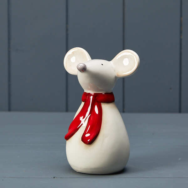 Ceramic mouse with red scarf 10x7.5x14cm | Satchville