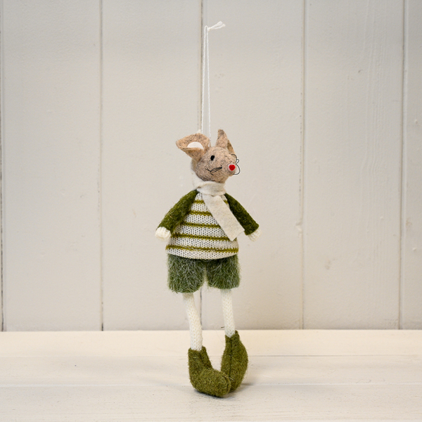 Green Knitted Hanging Mouse in Stripey Jumper | Satchville