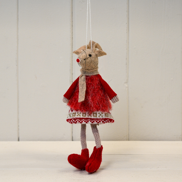 Hanging Red Winter Mouse with Red Detailed Dress | Satchville