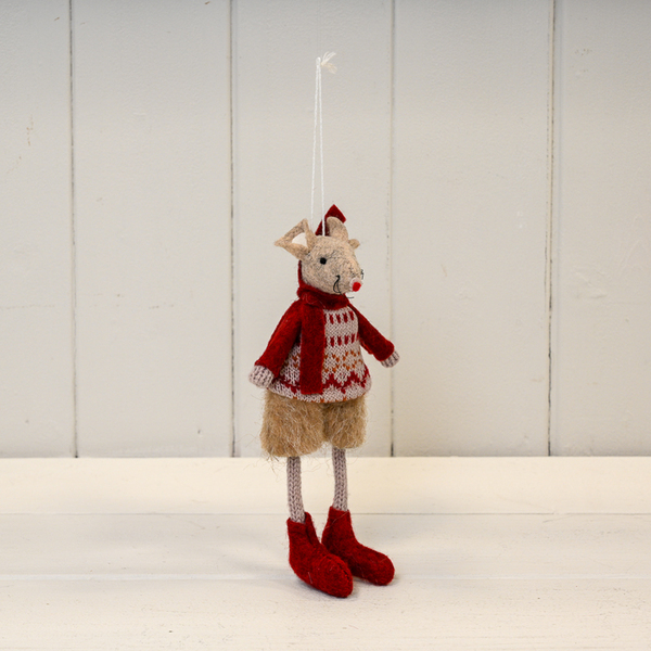Red and Beige Hanging Winter Mouse with Patterned Jumper | Satchville
