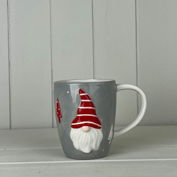 Grey Ceramic Gonk Mug with Red Stripey Hat and White Handle | Satchville