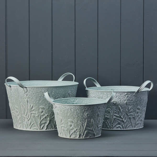 Set of Three Round Zinc Planters with Floral Design | Satchville