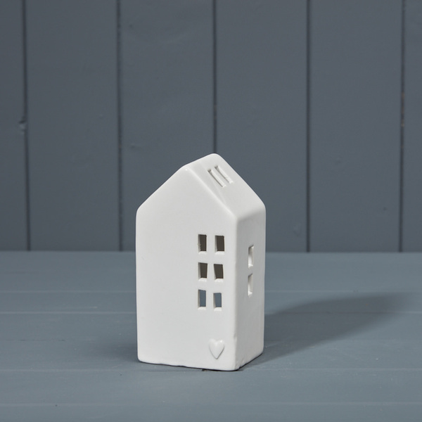 White Ceramic Tealight House with Heart Decal | Satchville